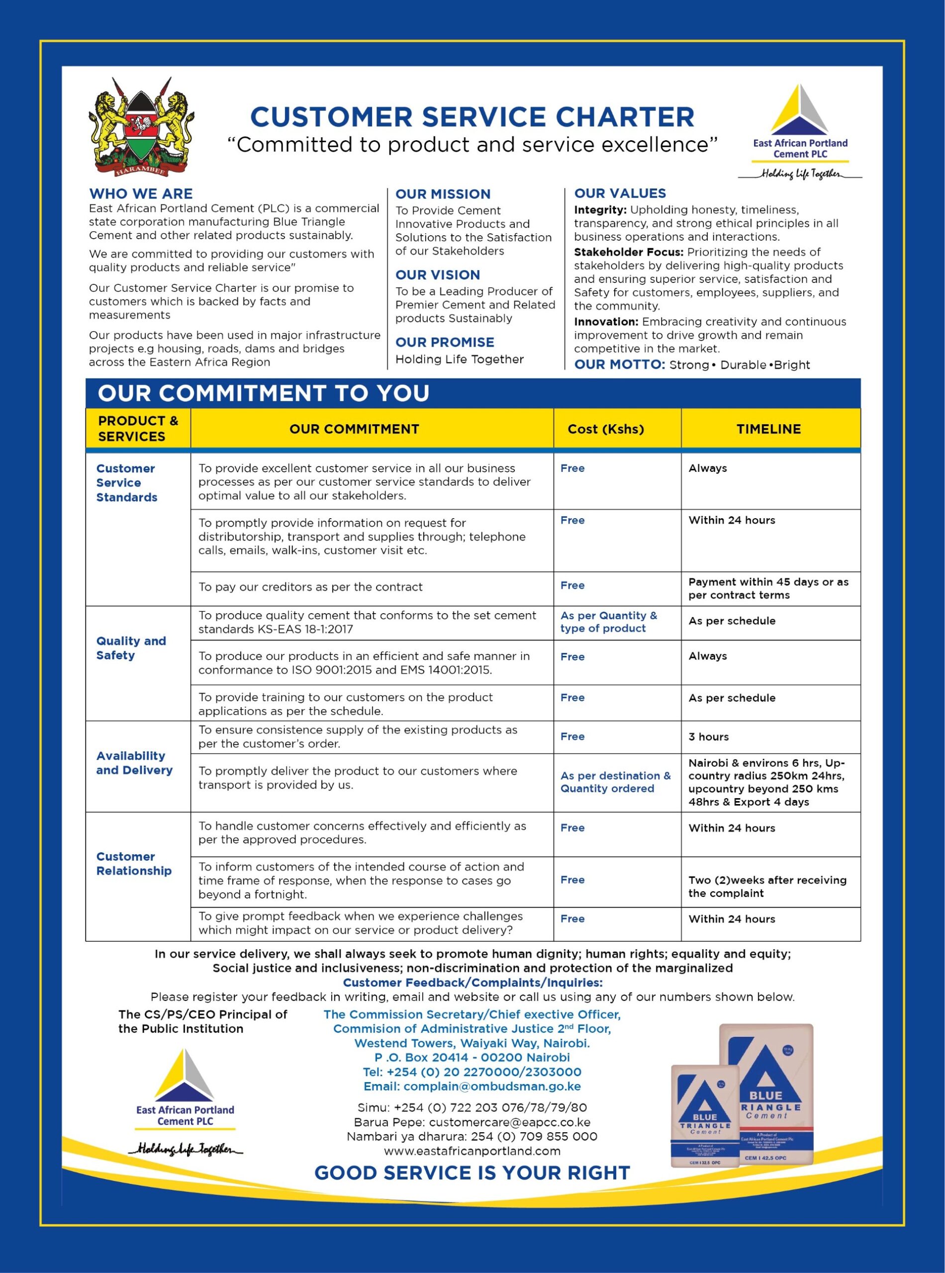 Service charter – Portland Cement